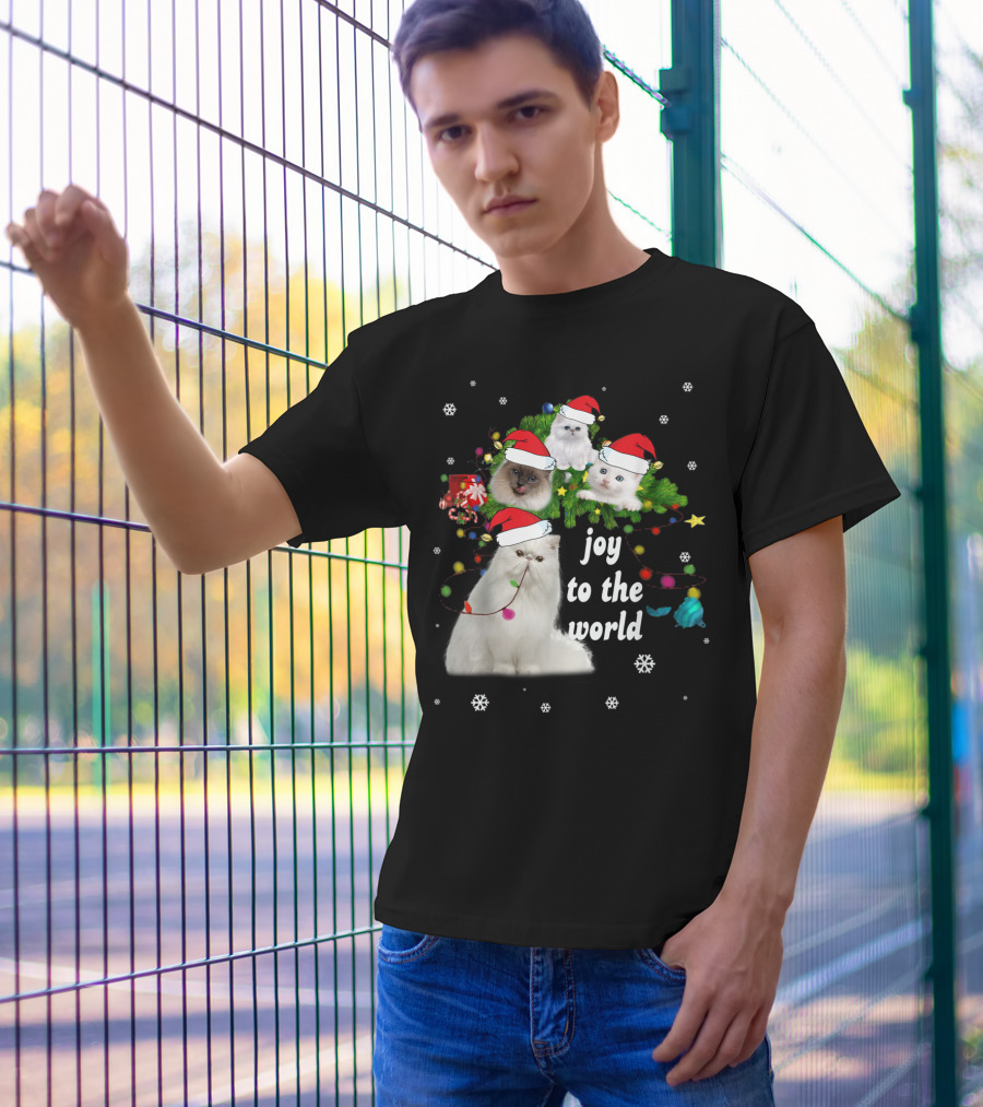 Joy To The World Christmas Cats With Santa Hats And Snowflakes T-Shirt