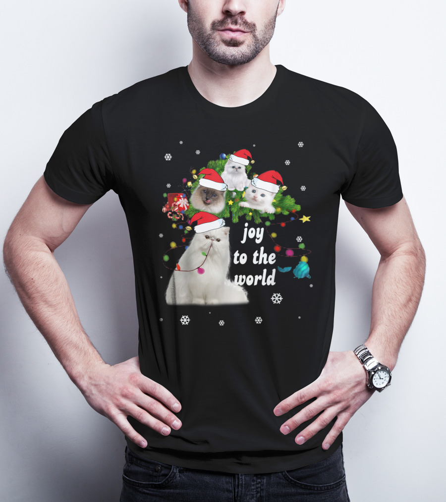 Joy To The World Christmas Cats With Santa Hats And Snowflakes T-Shirt