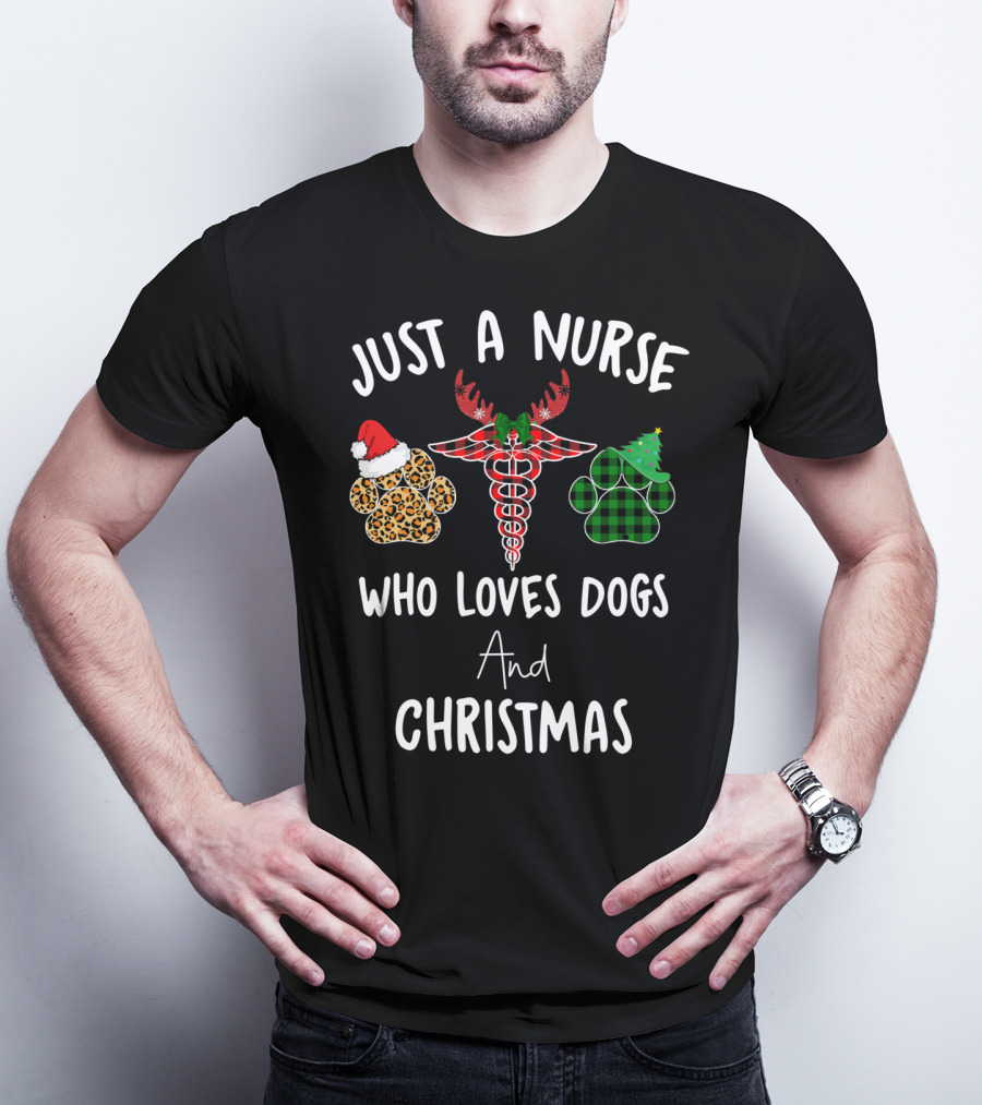 Just A Nurse Who Loves Dogs And Christmas T-Shirt