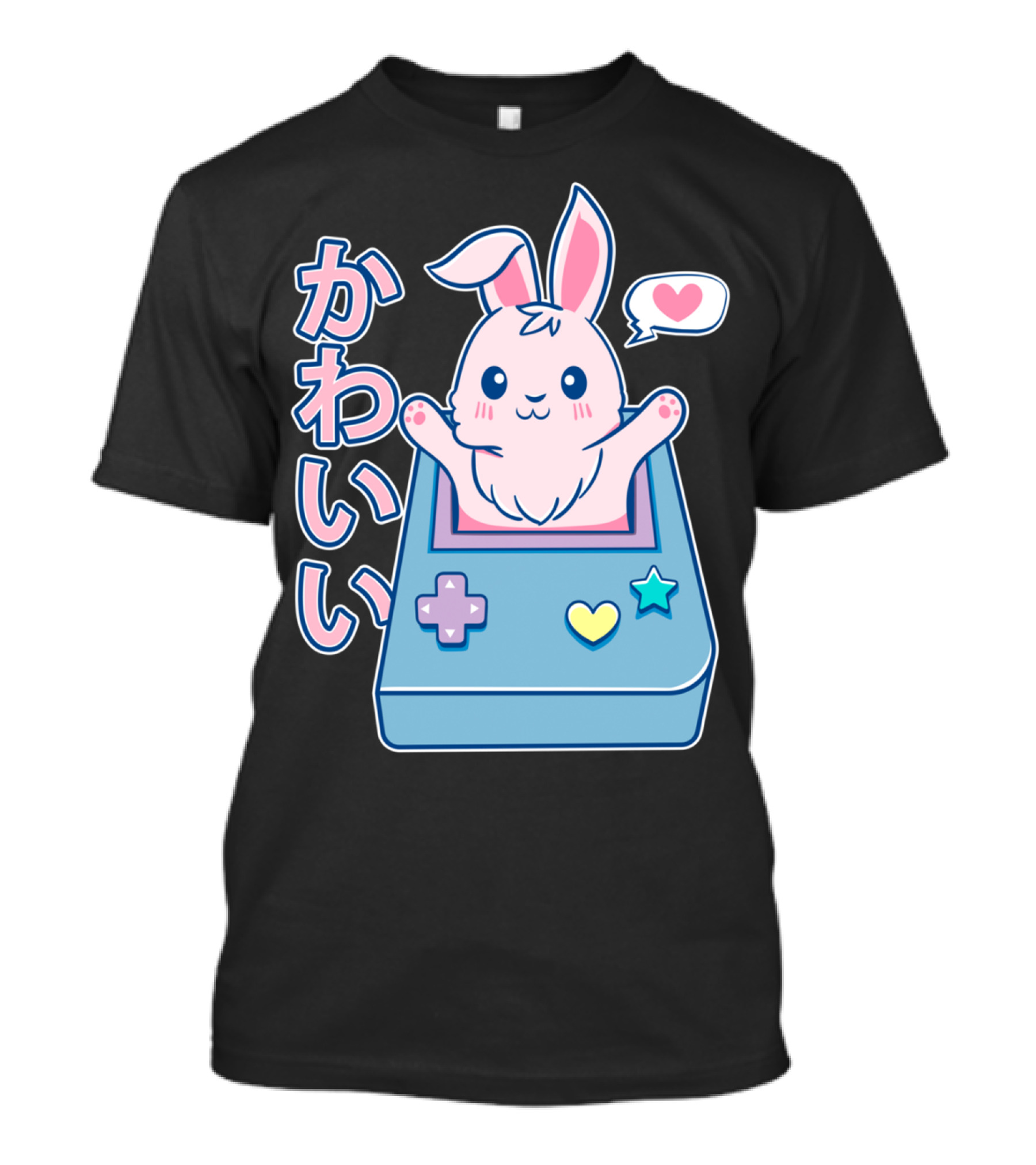 Kawaii Gamer Bunny Rabbit In Pastel Colors With Japanese Text And Game Console T-Shirt