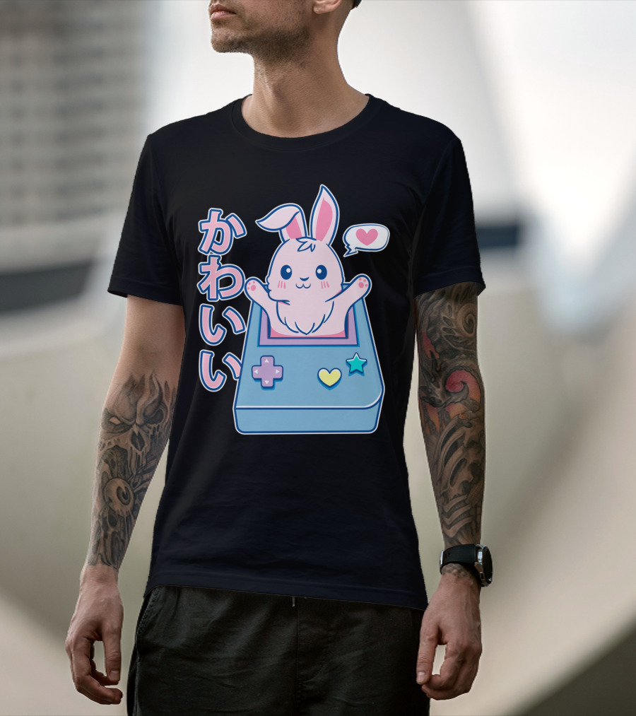 Kawaii Gamer Bunny Rabbit In Pastel Colors With Japanese Text And Game Console T-Shirt