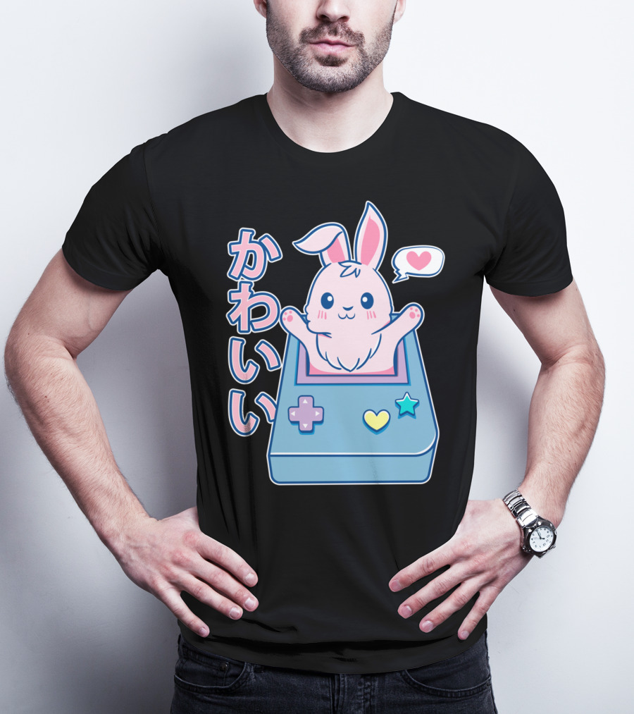 Kawaii Gamer Bunny Rabbit In Pastel Colors With Japanese Text And Game Console T-Shirt