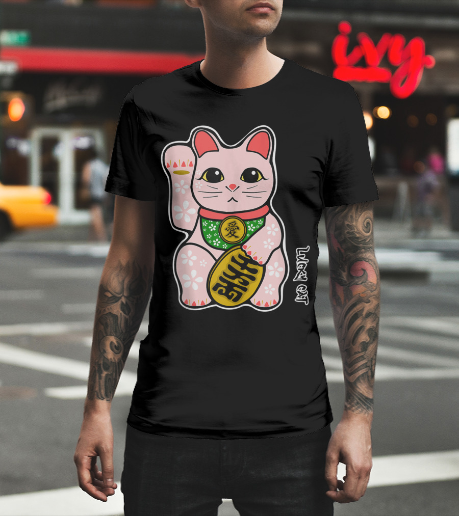 Lucky Cat Manekineko Japanese Love Prosperity Symbol Icon Floral T-Shirt