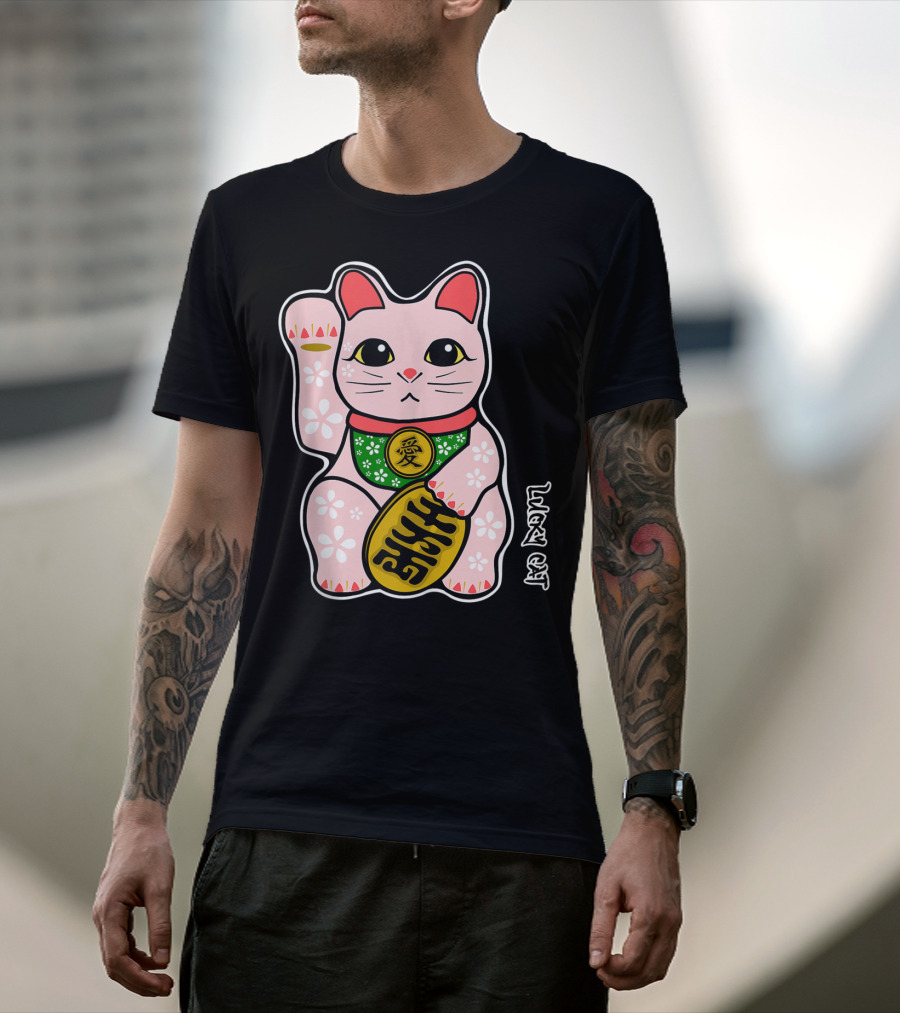 Lucky Cat Manekineko Japanese Love Prosperity Symbol Icon Floral T-Shirt