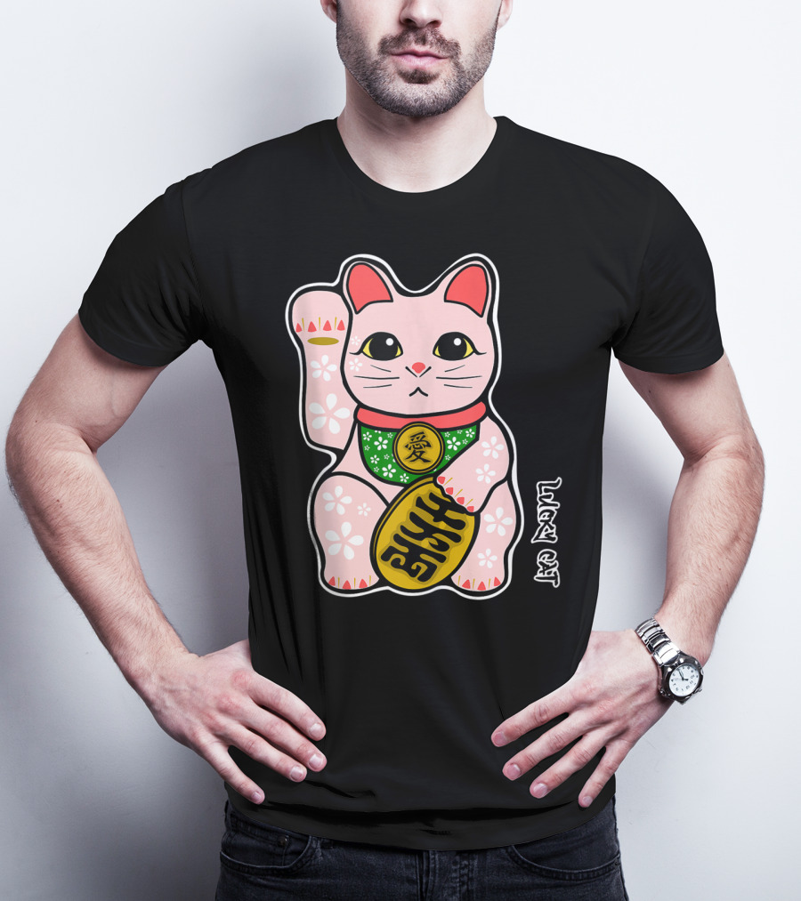 Lucky Cat Manekineko Japanese Love Prosperity Symbol Icon Floral T-Shirt