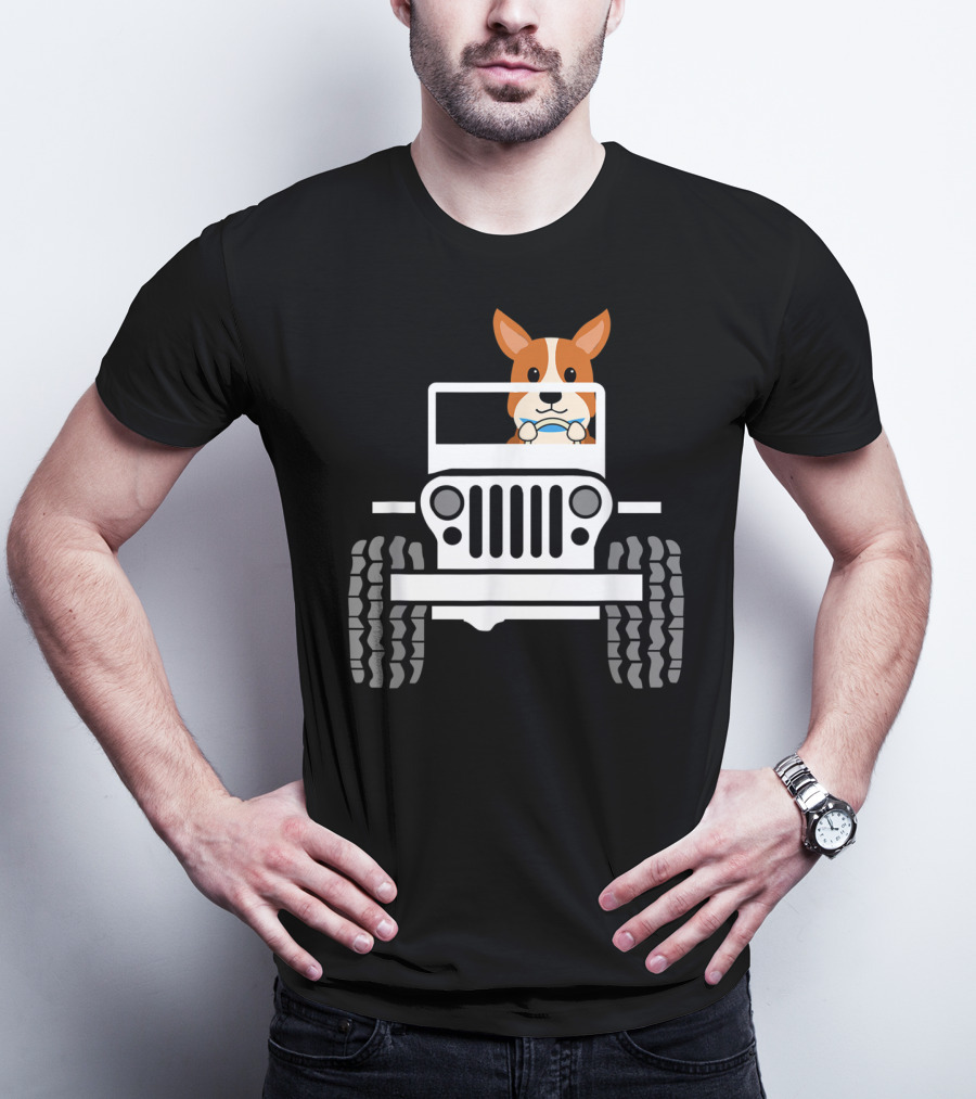 Mens Funny Cute Corgi Jeep Dog T-Shirt