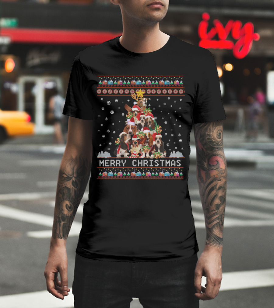 Merry Christmas Basset Hound Dogs In Festive Holiday Winter Wonderland With Snowflakes And Decorations T-Shirt