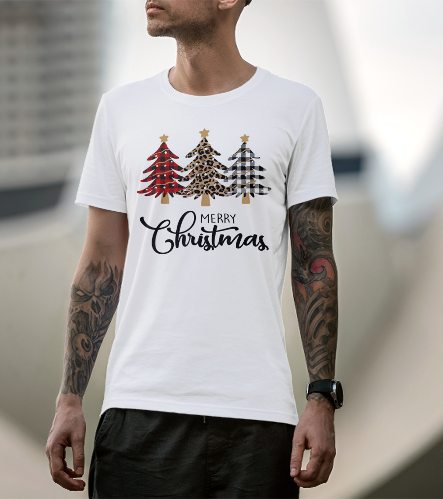 Merry Christmas Plaid Leopard Trees T-Shirt
