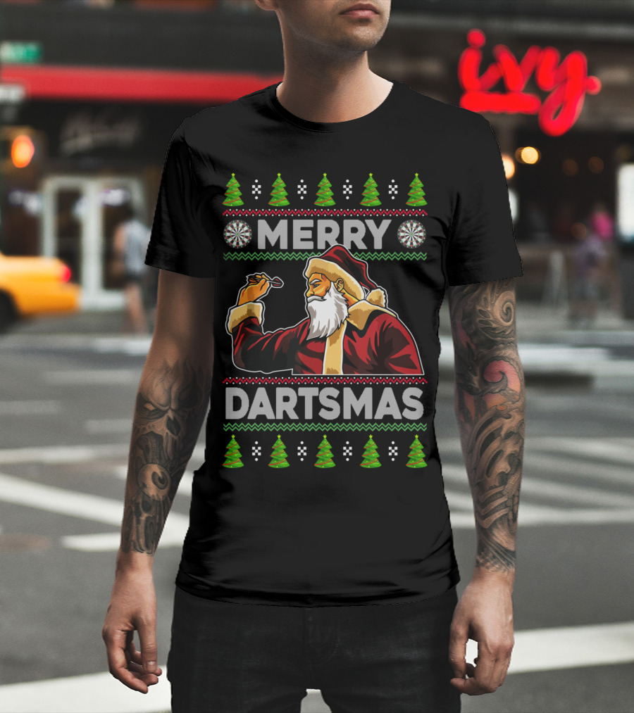 Merry Dartmas Santa Claus Playing Darts With Christmas Trees And Snowflakes T-Shirt