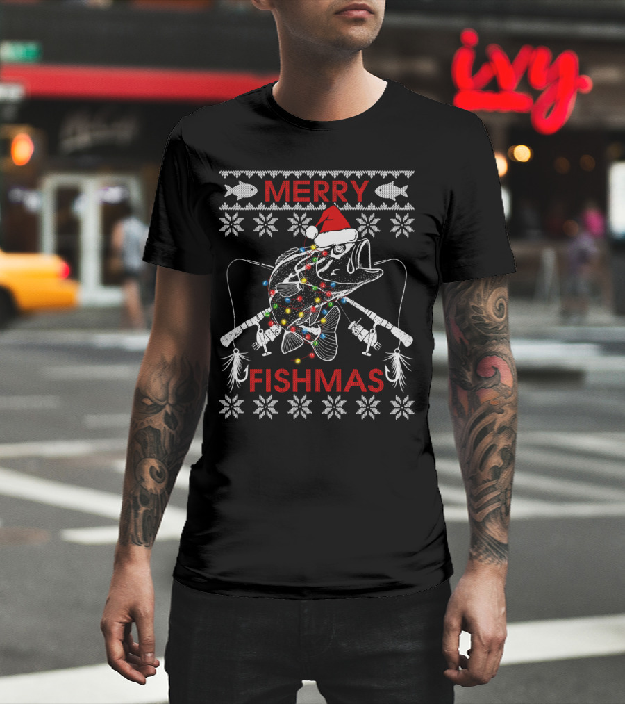 Merry Fishmas Ugly Xmas Santa Hat Bass With Fishing Rods And Lights T-Shirt