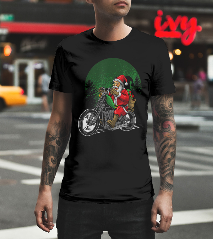 Motorcycle Santa Riding Through Festive Forest T-Shirt
