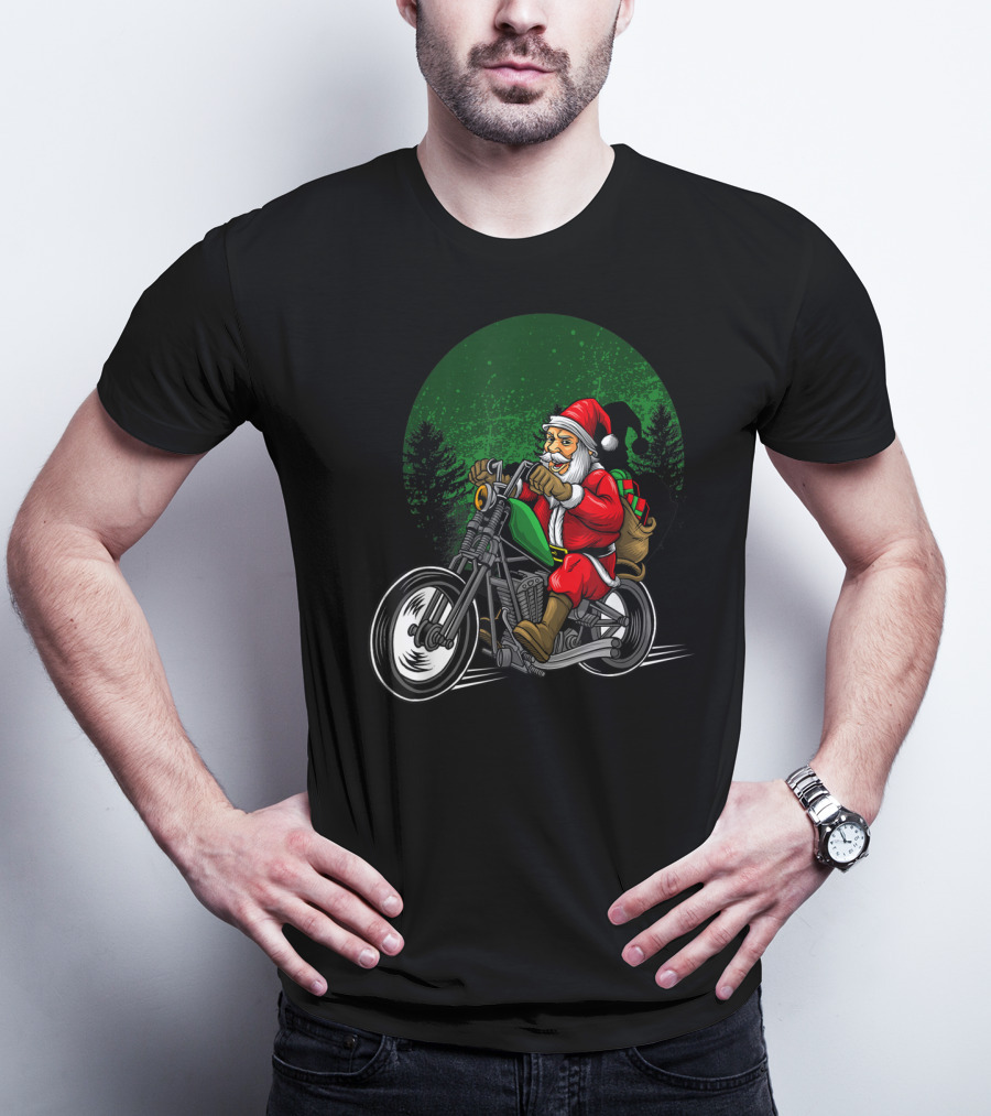 Motorcycle Santa Riding Through Festive Forest T-Shirt