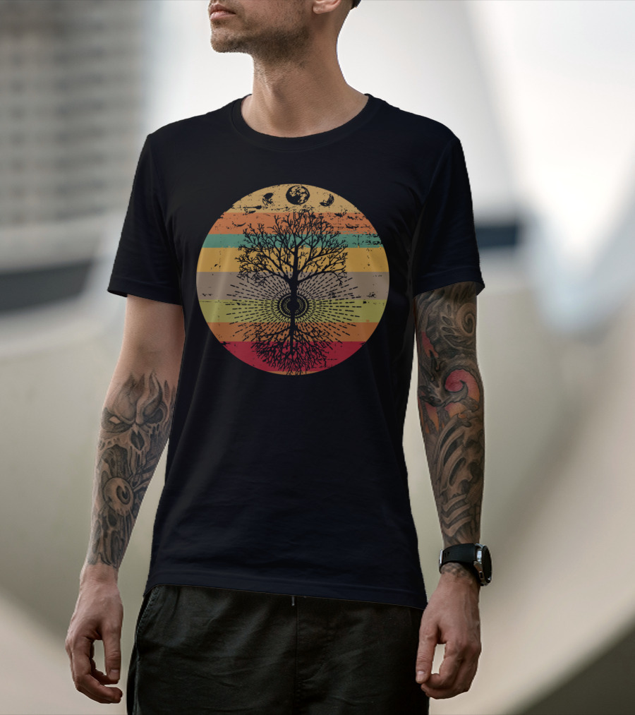 Phases Of The Moon Retro Tree With 60s 70s Vibe Rainbow Stripes T-Shirt