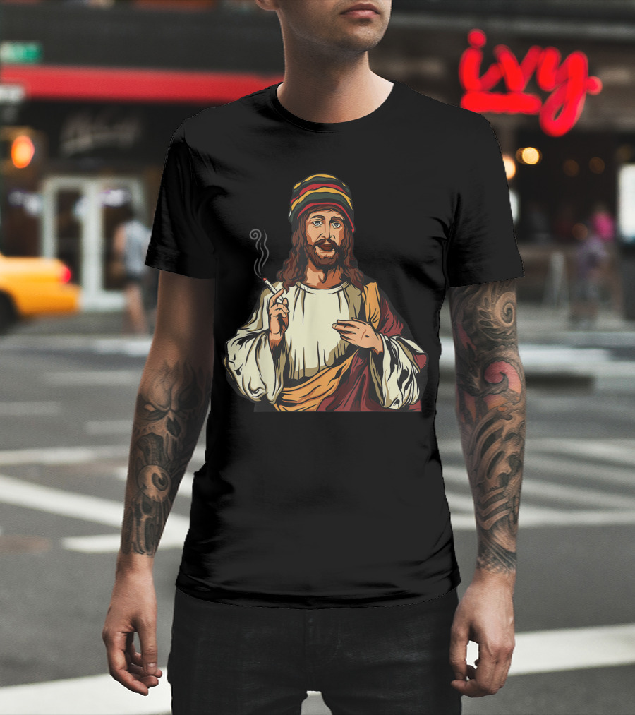 Pot Smoking Jesus Christ Cannabis Weed Rasta Hat Smoking Joint T-Shirt