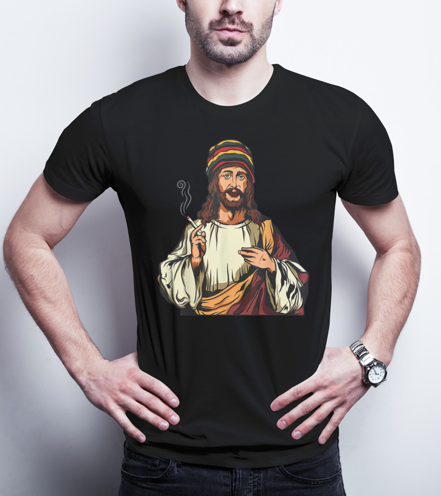 Pot Smoking Jesus Christ Cannabis Weed Rasta Hat Smoking Joint T-Shirt