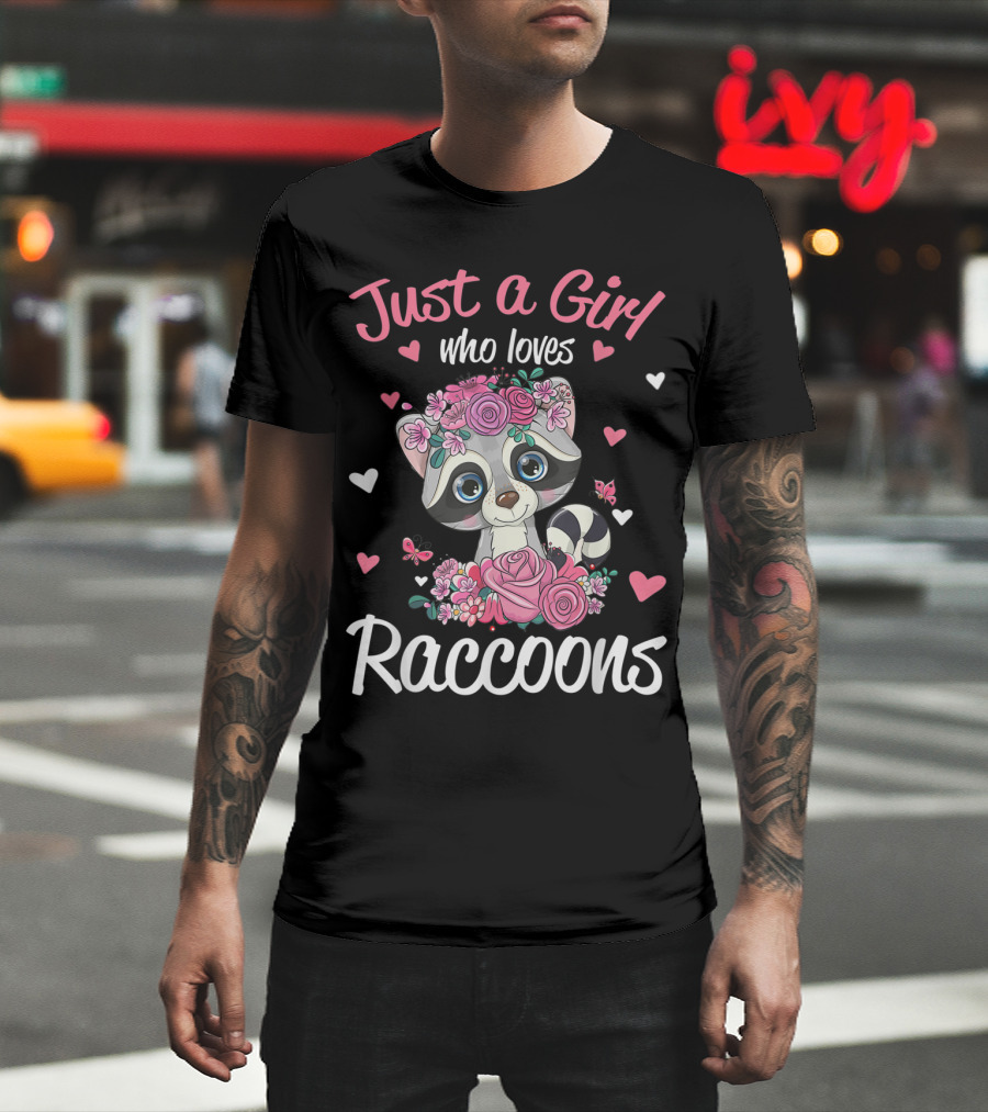 Just A Girl Who Loves Raccoons Floral Hearts T-Shirt