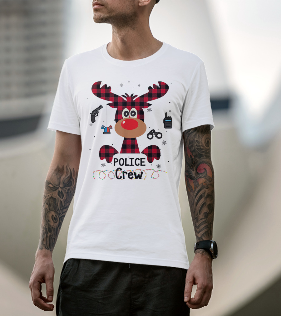 Red Plaid Reindeer Face Police Crew With Holiday Lights And Law Enforcement Icons T-Shirt