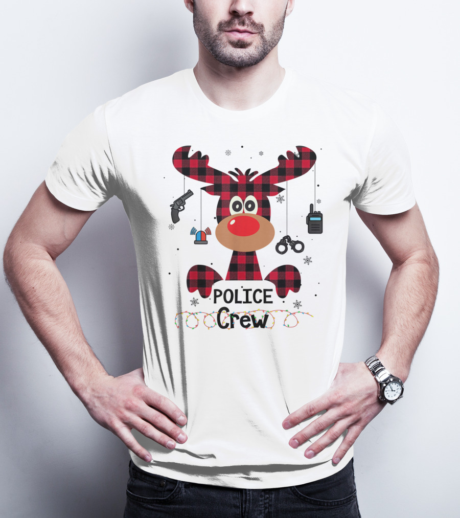 Red Plaid Reindeer Face Police Crew With Holiday Lights And Law Enforcement Icons T-Shirt