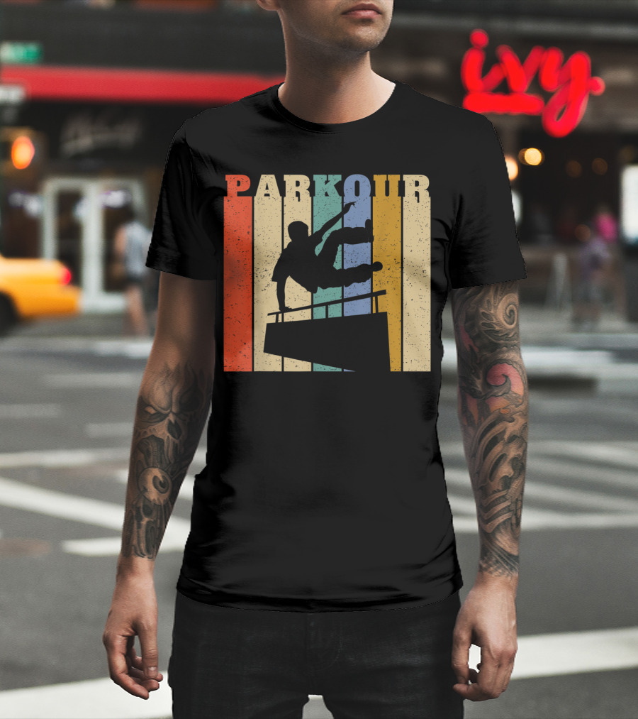 Retro Parkour Silhouette Against Striped Vintage Backdrop T-Shirt