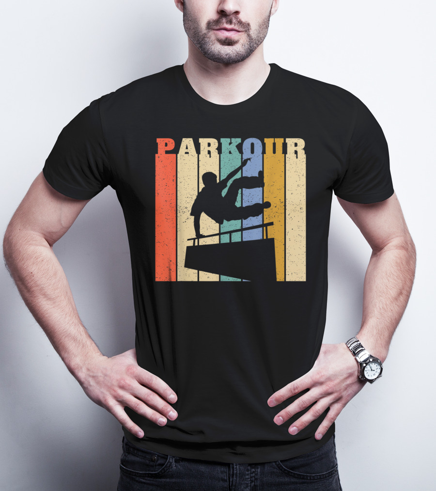 Retro Parkour Silhouette Against Striped Vintage Backdrop T-Shirt