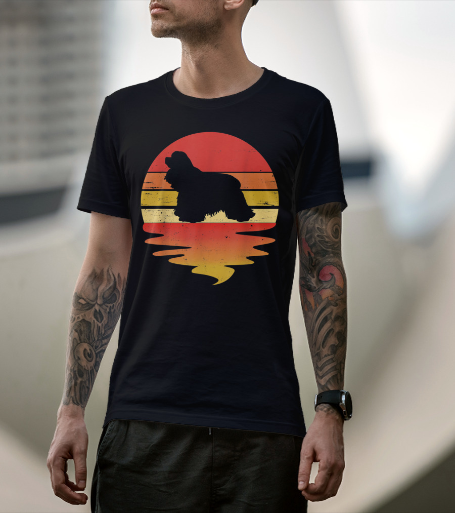 Retro Sunset Cocker Spaniel Silhouette Vintage 70s Style Dog Scene T-Shirt