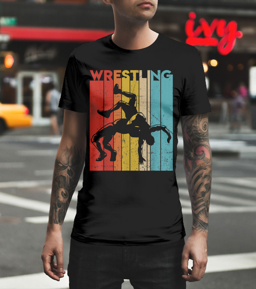 Wrestling Retro Vintage Silhouette Players On Colorful Stripes T-Shirt