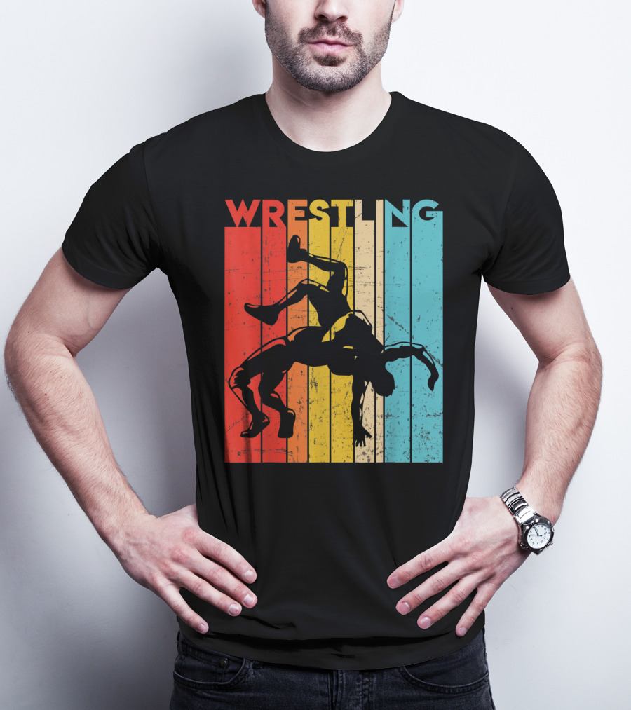 Wrestling Retro Vintage Silhouette Players On Colorful Stripes T-Shirt