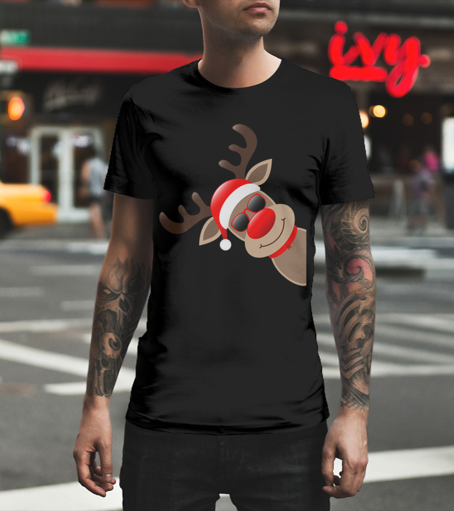 Rudolph Red Nose Reindeer Santa Hat Sunglasses T-Shirt