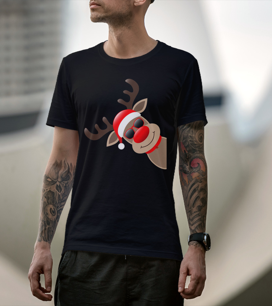 Rudolph Red Nose Reindeer Santa Hat Sunglasses T-Shirt