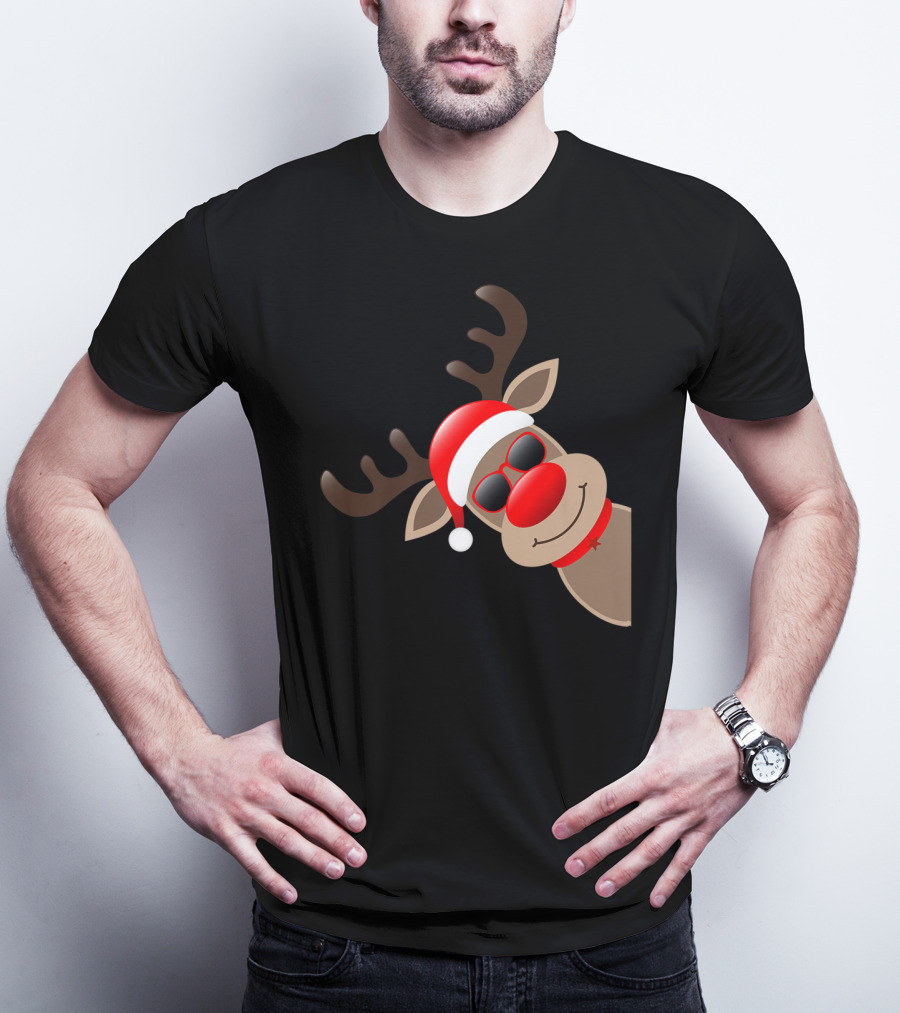 Rudolph Red Nose Reindeer Santa Hat Sunglasses T-Shirt