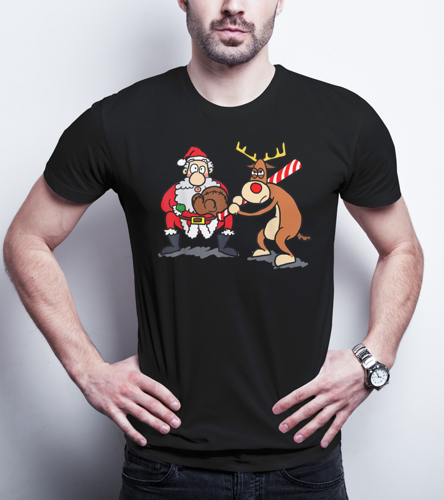 Santa Reindeer Candy Cane Baseball Softball Player Christmas T-Shirt