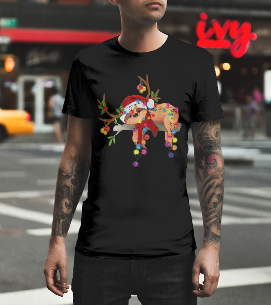 Santa Sloth Reindeer With Christmas Lights And Hat T-Shirt