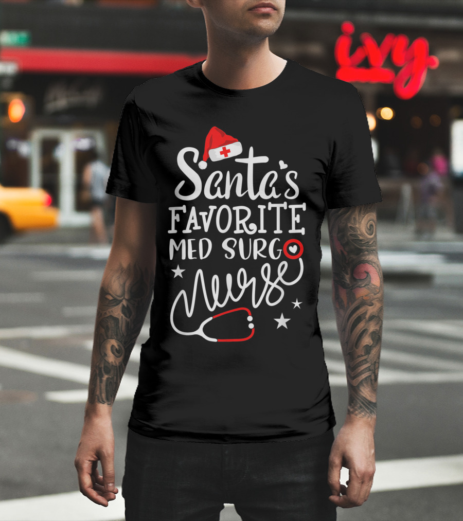 Santa's Favorite Med Surg Nurse Christmas Hat Stethoscope T-Shirt