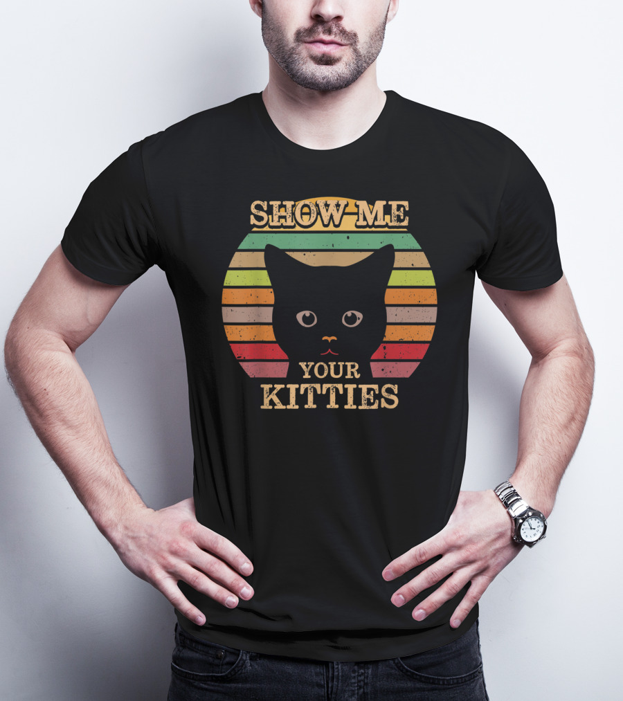 Show Me Your Kitties Retro Cat Lover Rainbow Stripes T-Shirt