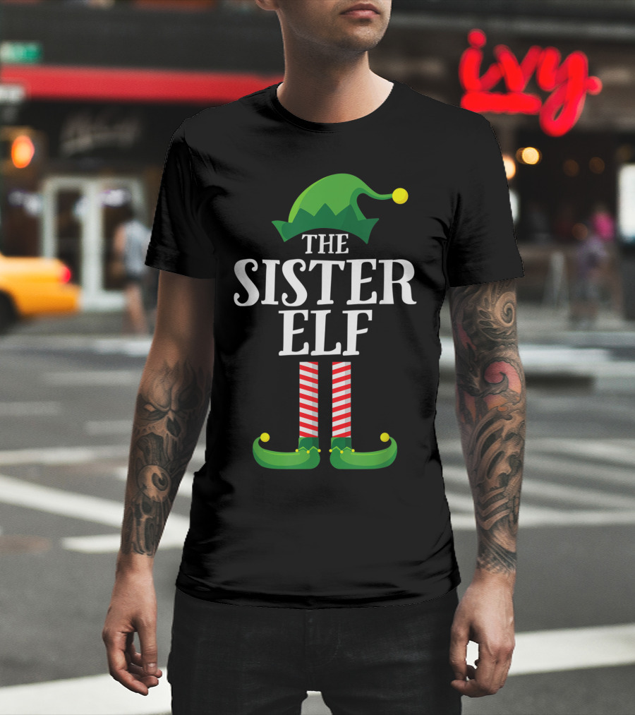 The Sister Elf Matching Family Group Christmas Hat And Shoes T-Shirt