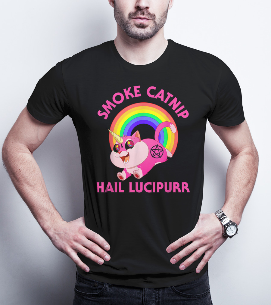Smoke Catnip Hail Lucipurr Rainbow Unicorn Satanic Cat T-Shirt