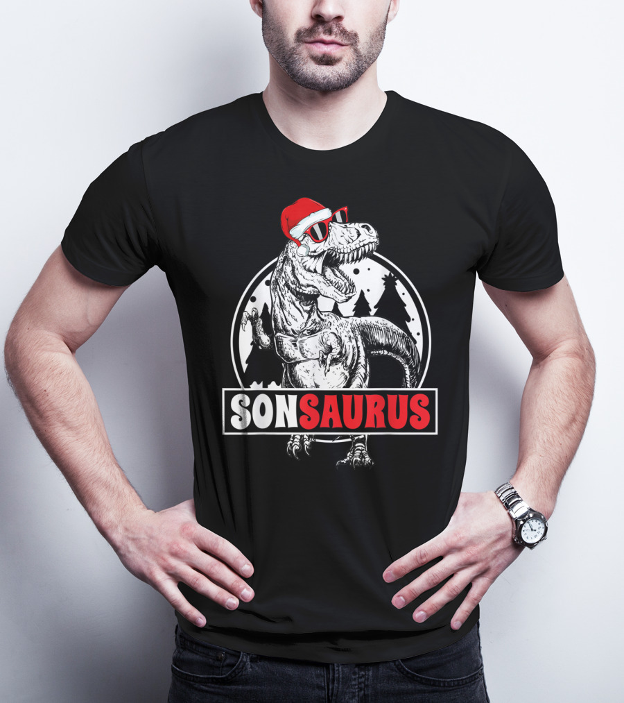 Sonsaurus Christmas Rex T-Rex Dinosaur Holiday Santa Hat T-Shirt
