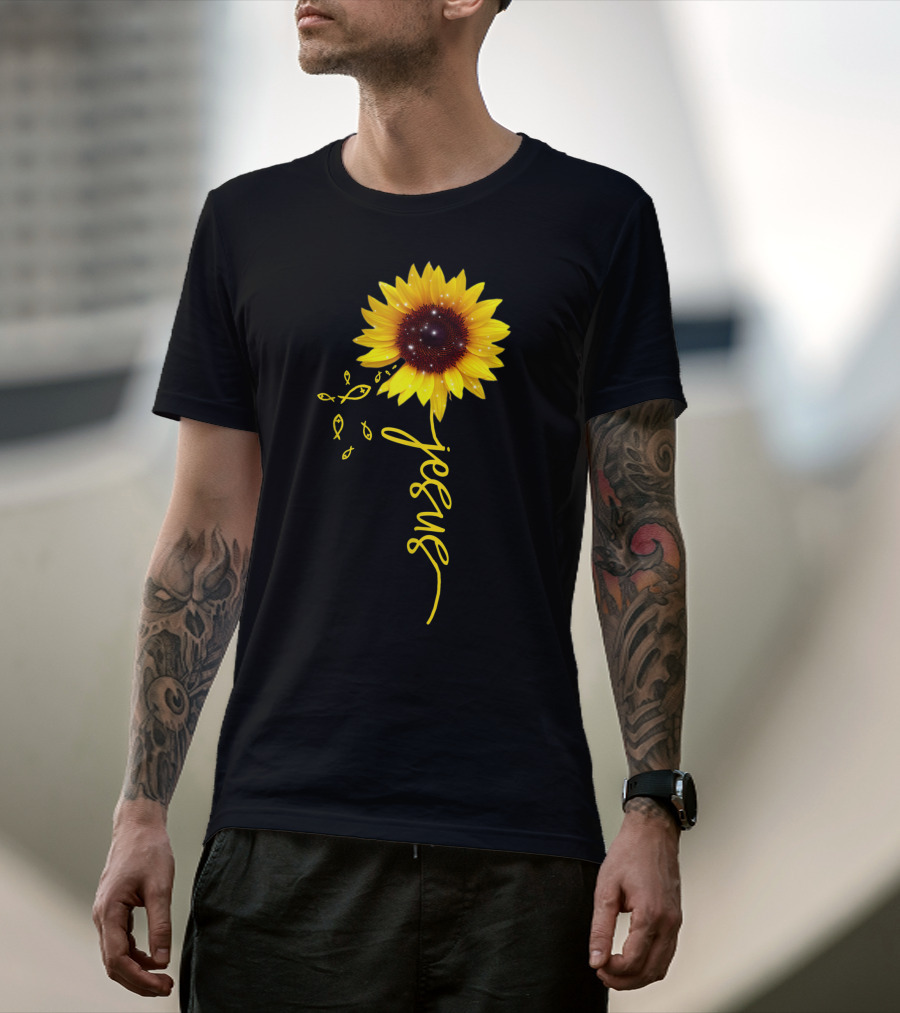 Sunflower Jesus Christian Faith Cross With Ichthys Symbols T-Shirt