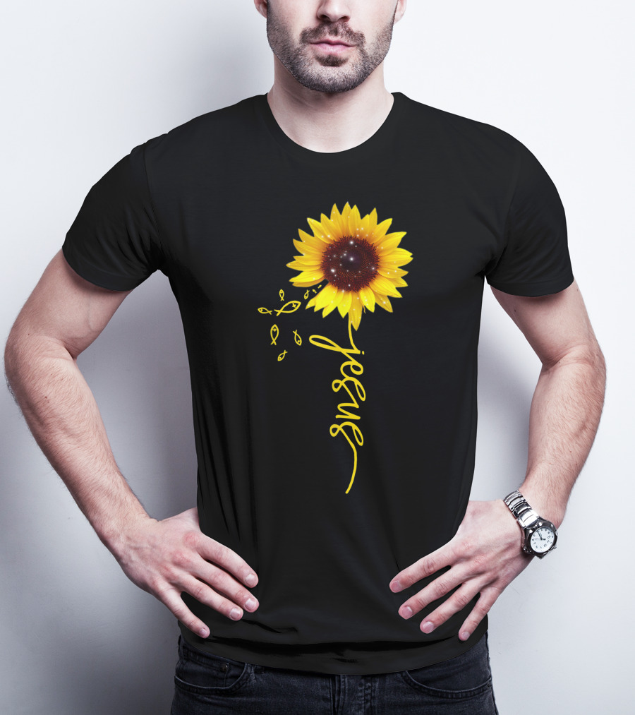Sunflower Jesus Christian Faith Cross With Ichthys Symbols T-Shirt