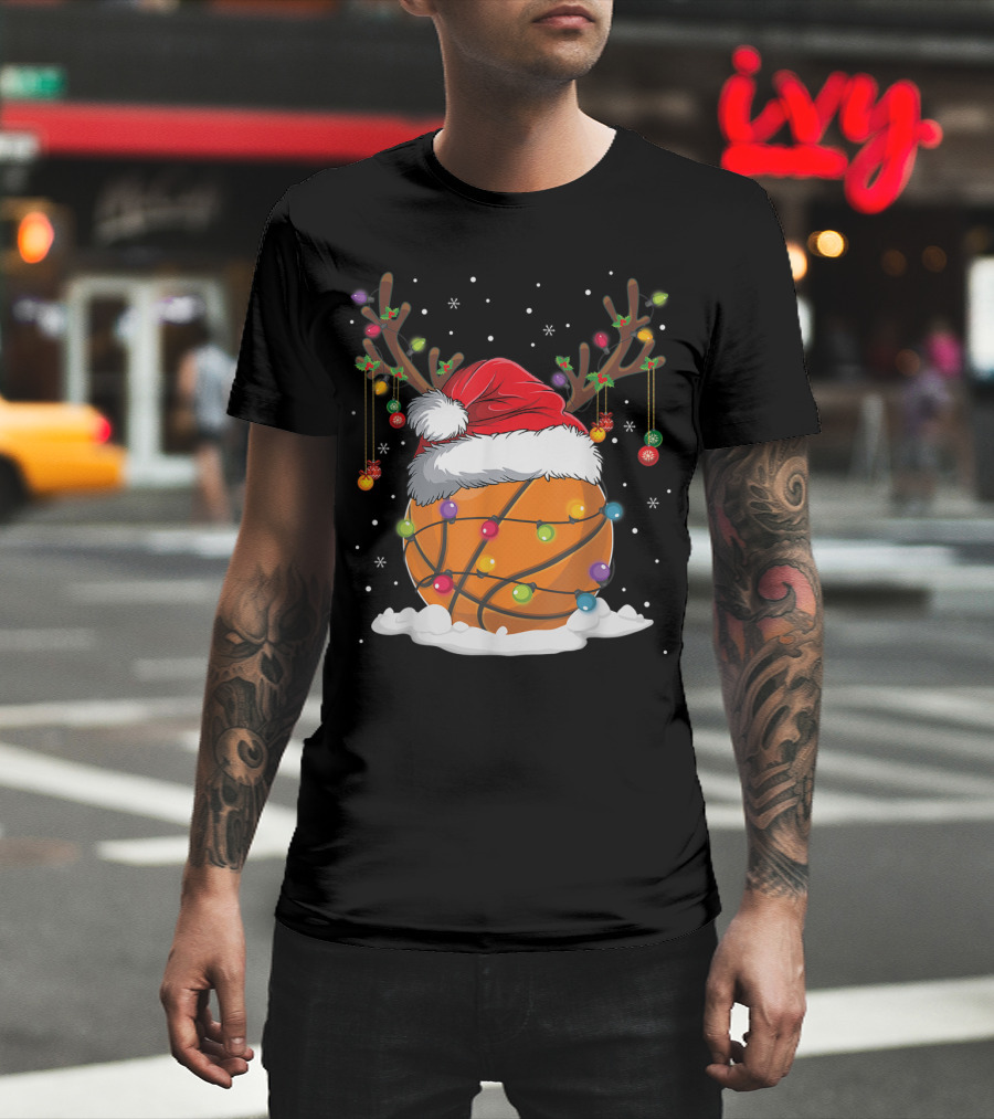 This Is My Christmas Basketball Player Santa Hat Reindeer Antlers Lights T-Shirt