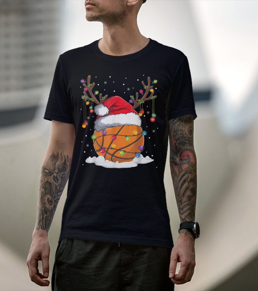 This Is My Christmas Basketball Player Santa Hat Reindeer Antlers Lights T-Shirt
