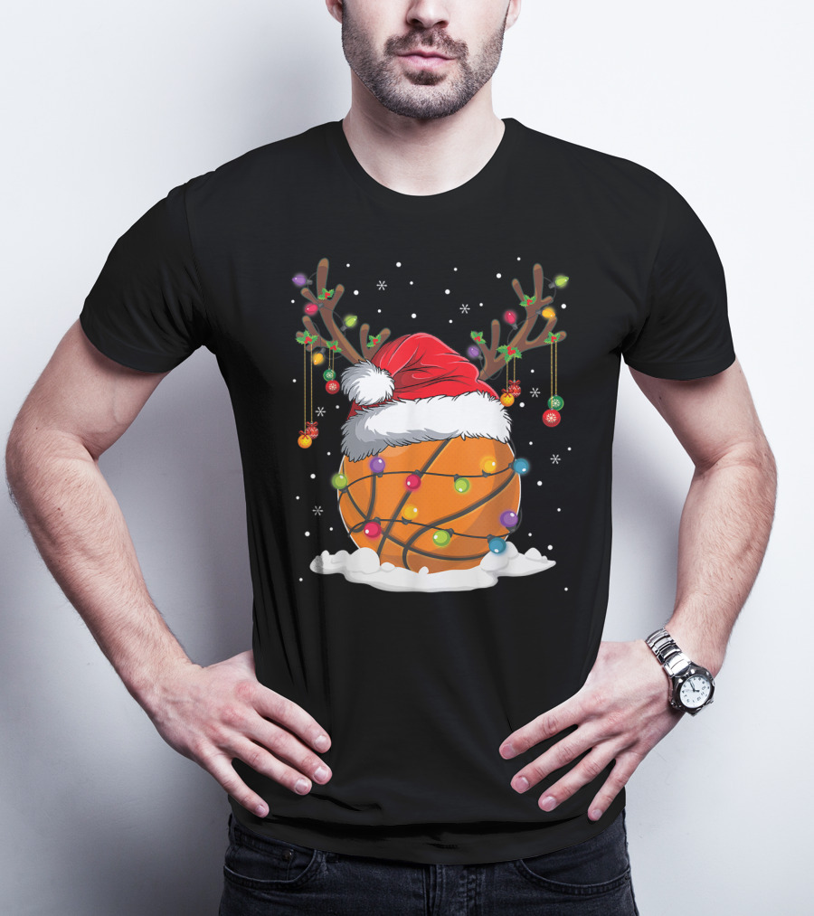 This Is My Christmas Basketball Player Santa Hat Reindeer Antlers Lights T-Shirt