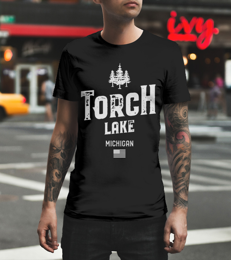 Torch Lake Michigan Trees And American Flag T-Shirt