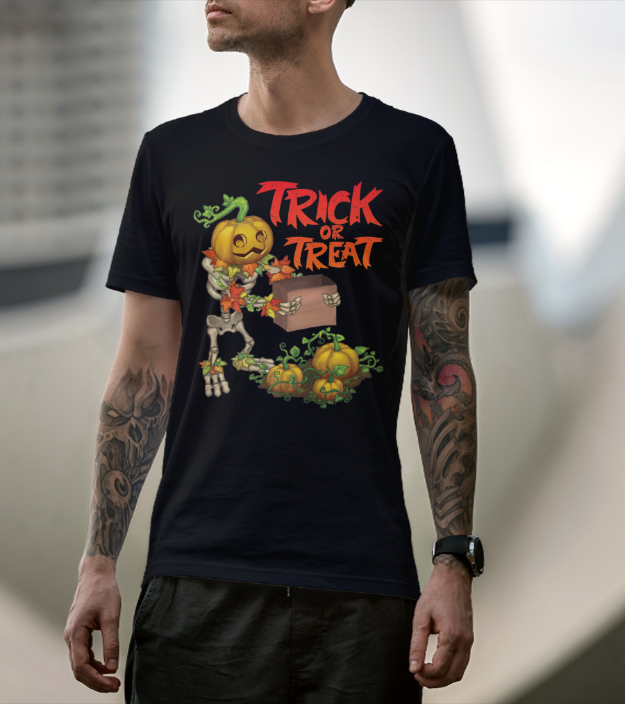 Trick Or Treat Punkleton Skeleton With Pumpkins And Candy Box T-Shirt