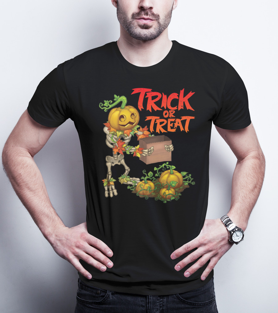 Trick Or Treat Punkleton Skeleton With Pumpkins And Candy Box T-Shirt