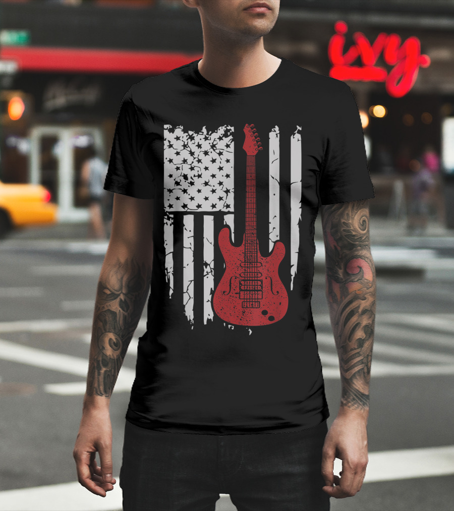 Usa American Flag Guitar Musician Guitars Red Electric Vintage Grunge T-Shirt