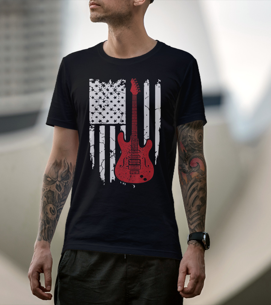 Usa American Flag Guitar Musician Guitars Red Electric Vintage Grunge T-Shirt