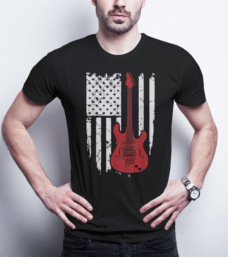 Usa American Flag Guitar Musician Guitars Red Electric Vintage Grunge T-Shirt