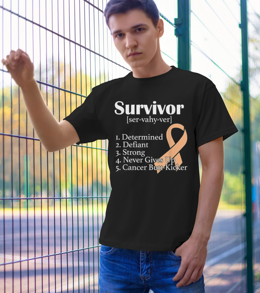 Survivor Definition Determined Defiant Strong Never Gives Up Cancer Butt-Kicker Peach T-Shirt