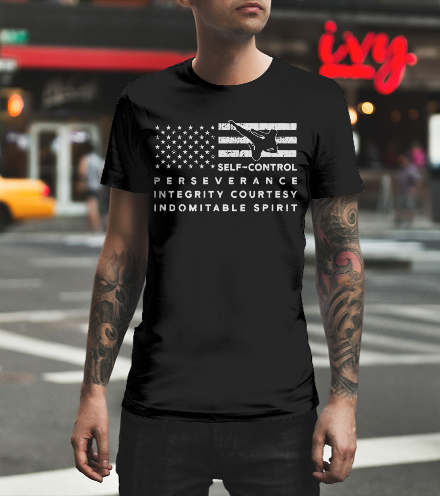 Vintage American Flag Taekwondo Self-Control Perseverance Integrity Courtesy Indomitable Spirit T-Shirt